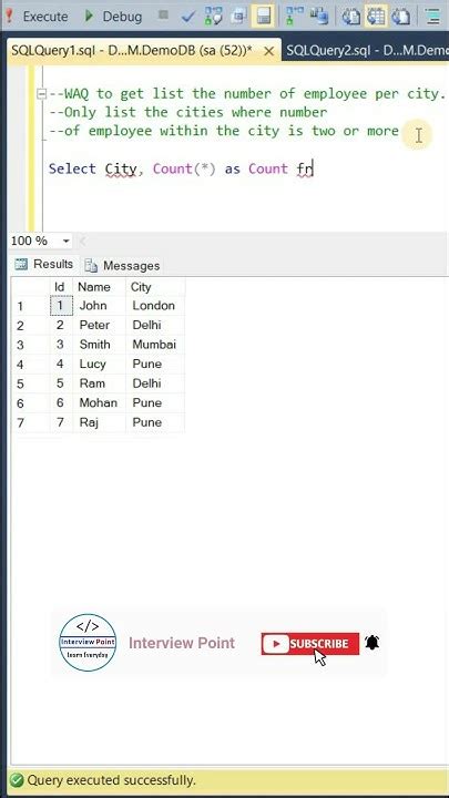 Sql Query To Get List Of Employees If Per City Employee Count Is Two Or More Shorts Sqlquery