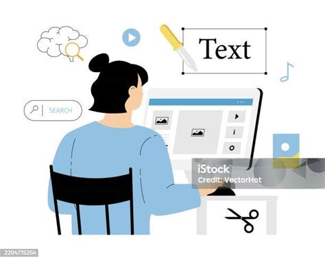 웹 디자인 웹 사이트 페이지 개발 여성 디자이너는 사이트 레이아웃에서 그래픽 요소를 만들고 배치합니다 고립 된 흰색 배경에 벡터 그림 개발에 대한 스톡 벡터 아트 및 기타