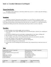 Comparison Of Ionic And Covalent Substances In Lab Experiment Course Hero