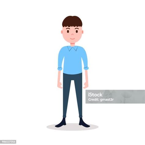 소년 캐릭터 심각한 남성 블루 정장 서식 파일 디자인 작업 및 흰색 배경 전체 길이 플랫 사람에 애니메이션에 대 한 교육에 대한