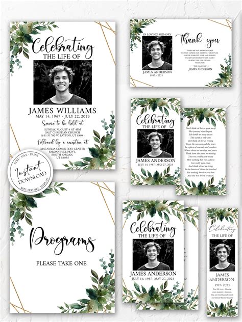 Greenery Gold Funeral Bundle Memorial Package Celebration Of Life