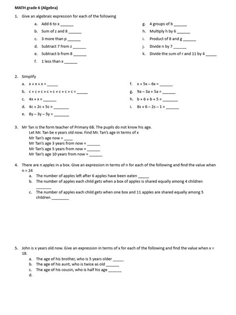 6 Math Grade 6 Algebra Pdf Mathematics