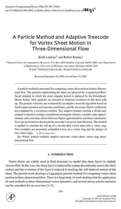 Pdf A Particle Method And Adaptive Treecode For Vortex Sheet Motion