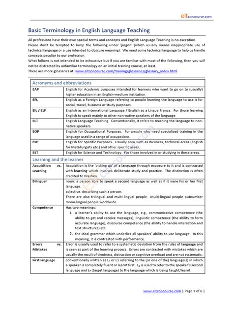 Elt Concourse Glossary Basic Elt Terms Pdf Learning English As A