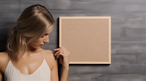 Premium AI Image Woman Hangs Empty Square Wooden Frame On Wall Mockup