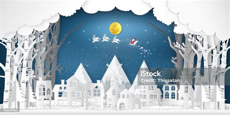 종이 예술 잘라내기 및 휴일과 Xmas 일 개념으로 겨울 배경에서 눈 마에서 산타 썰매와 순 록의 디지털 공예 스타일 벡터