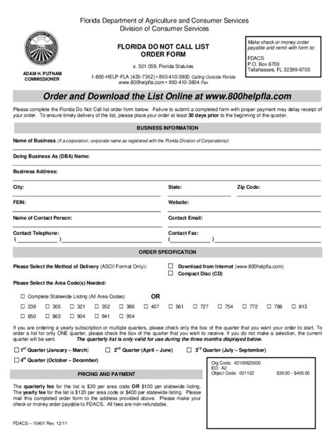 Fillable Online Florida Do Not Call List Order Form Fax Email Print Pdffiller
