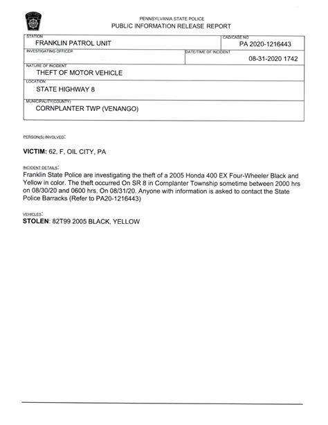 Four Wheeler Theft Venango