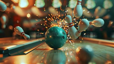 Dynamic Bowling Strike With Flying Pins And Motion Blur Stock Image