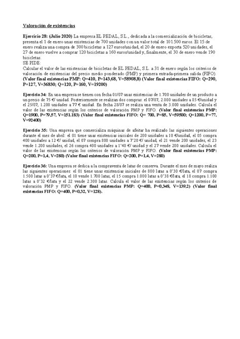 Valoración De Existencias Valoración De Existencias Ejercicio 28
