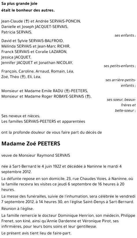 Avis De Décès De Zoé Peeters Décédé Le 04 09 2012 à Naninne Annonce