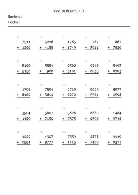 Sumas De Cuatro Cifras Llevando Para Imprimir Ejercicios De Calculo