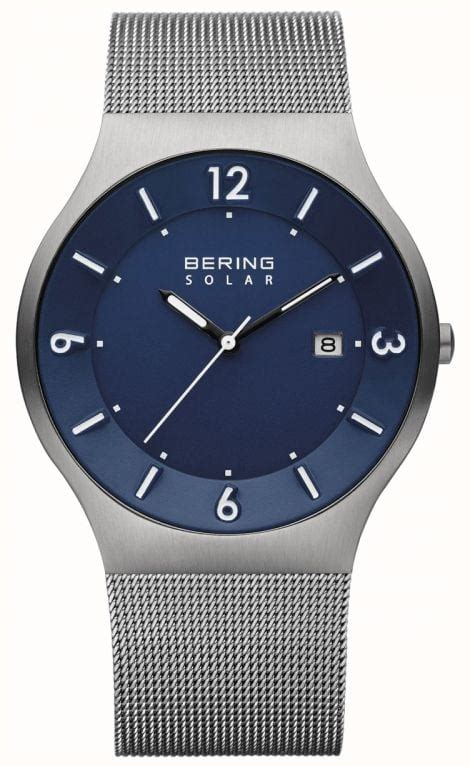 Bering Mens Solar Blue Dial Grey Stainless Steel Mesh Strap 14440 007