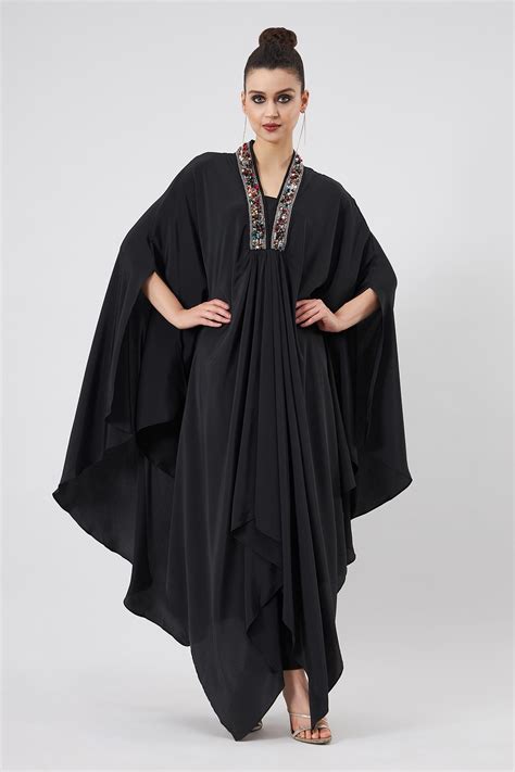 Buy Black Silk Crepe Embellished Crystal V Neckline Kaftan And Pant Set