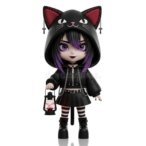 Cute Goth Chibi Girl In Cat Hoodie With Lantern Stock Illustration