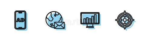 Set Line Monitor With Graph Chart Advertising Earth Globe Mail And Target Icon Vector Stock