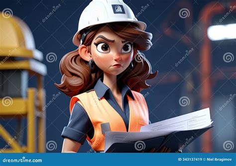 Animated Female Engineer In Hard Hat And Safety Vest Analyzing