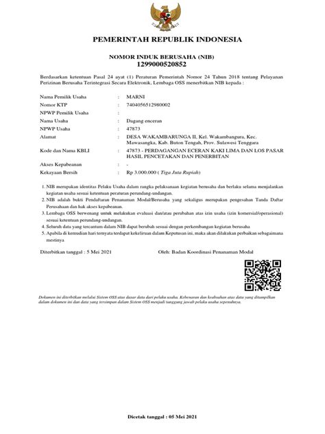 Nib Marni Untuk Usaha Dagang Eceran Pdf Pengelolaan Keuangan And Uang