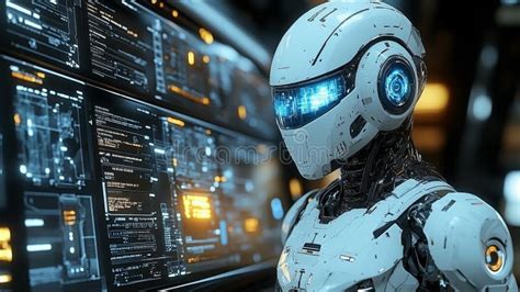 Futuristic Robot Analyzing Data On Digital Screens Generative Ai Stock Illustration