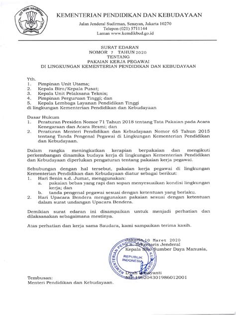 Stempel Se Sesjen No 7 Thn 2020 Ttg Pakaian Kerja Pegawai Di Ling