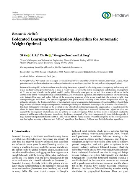 Pdf Federated Learning Optimization Algorithm For Automatic Weight