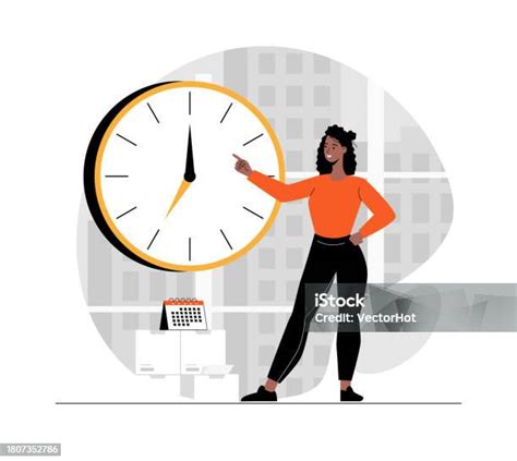 시간 관리 개념 큰 시계를 가진 여성은 시간과 프로젝트 관리를 통제합니다 제 시간에 작업을 완료합니다 웹사이트 및 모바일 개발을
