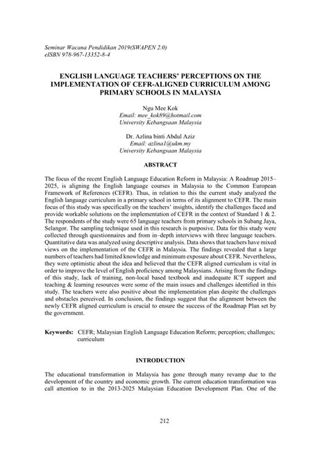 Pdf English Language Teachers Perceptions On The Implementation Of Cefr Aligned Curriculum