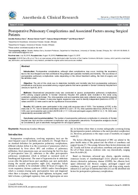 Pdf Postoperative Pulmonary Complications And Associated Factors Among Surgical Patients