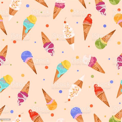 귀여운 아이스크림 와플 콘 벡터 원활한 패턴 여름 냉동 디저트 일러스트 레이 션 또는 웹 사이트 광고 배너 포스터 보드 및 인쇄 0명에 대한 스톡 벡터 아트 및 기타 이미지