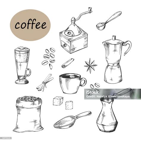 수제 커피 세트 터키 컵 숟가락 커피 콩 가방 커피 밀 커피 메이커 라떼 계피 스타 아니스 설탕 커피 콩세트 벡터 스케치 세트 가방에 대한 스톡 벡터 아트 및 기타 이미지