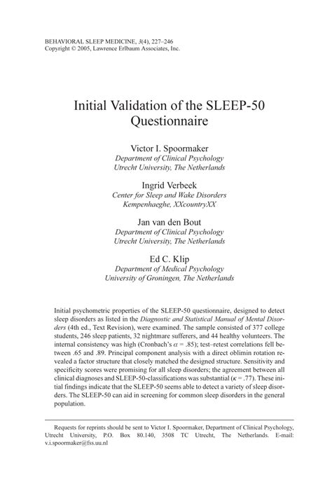 Pdf Initial Validation Of The Sleep 50 Questionnaire