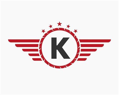 K 문자 에 있는 초기 날개 로고 항성 과 속도 기호 를 가진 교통 로고 프리미엄 벡터