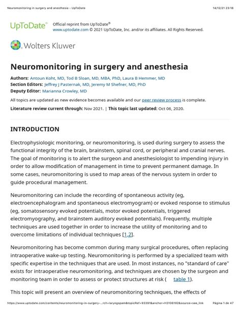 Neuromonitoring In Surgery And Anesthesia Uptodate Pdf