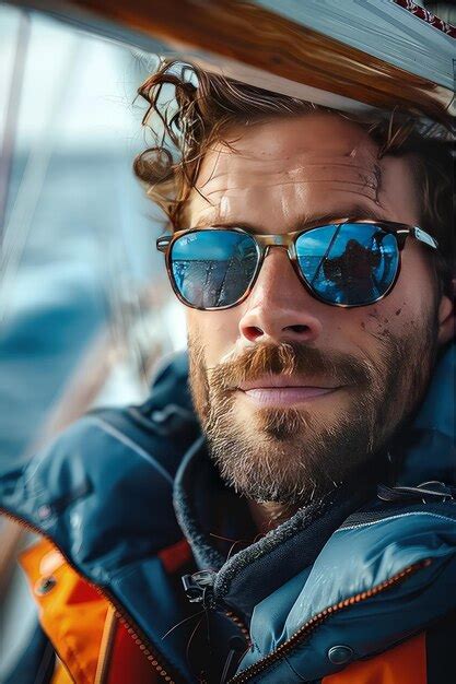 Bearded Brutal Yacht Owner On Vessel Deck Looking Forward While Deep