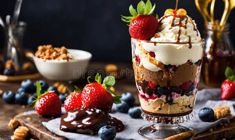 Chocolate Trifle With Strawberries And Whipped Cream In A Tall Glass