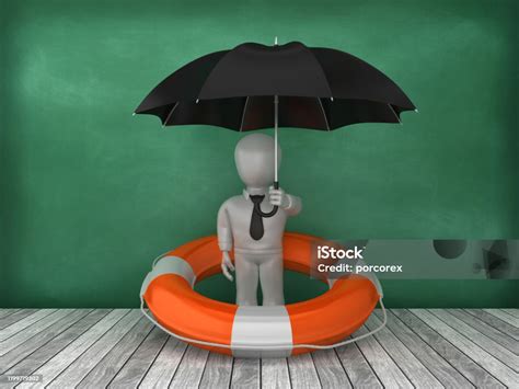 나무 바닥에 비즈니스 캐릭터와 우산생명 벨트 칠판 배경 3d 렌더링 3차원 형태에 대한 스톡 사진 및 기타 이미지 3차원 형태 Emergency Shelter Sos