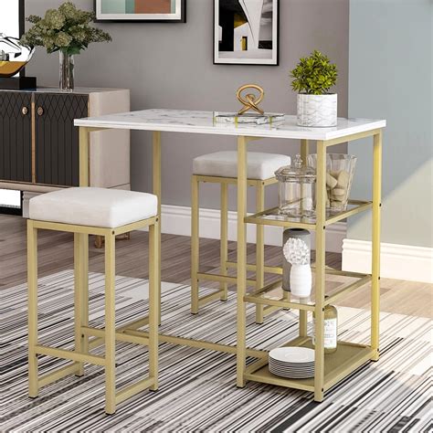 Veryke 3 Piece Modern Pub Sets Counter Height Table With Faux Marble