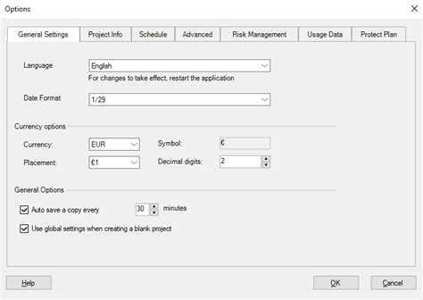 Options Dialog Project Plan