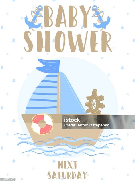보트와 배경에 파란색 삼각형의 비문 베이비 샤워와 함께 항해의 벡터 이미지 소년 선원에 대 한 바다 테마에 그림 초대 카드 서식 파일 휴가 생일 0명에 대한 스톡 벡터 아트