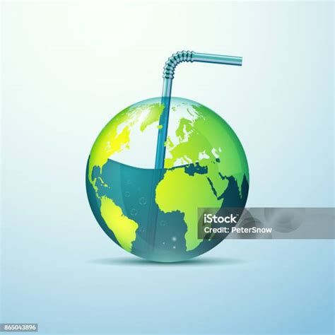 빨 대와 수정 구슬에 세계입니다 벡터 일러스트 레이 션 개념입니다 환경 보전에 대한 스톡 벡터 아트 및 기타 이미지 환경 보전 감소 개념 Istock