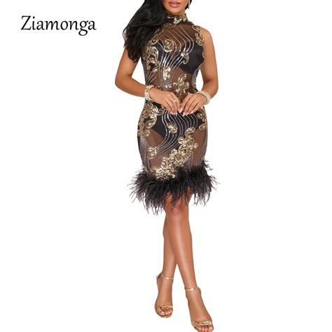 Ziamonga Faux Fur Splice Sequin Sexy Party Dress Mesh See Through