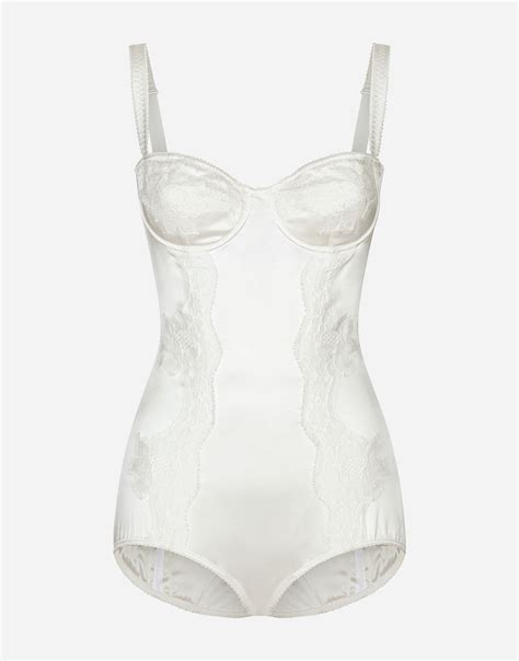 Silk Balconette Bra Bodysuit With Lace Detailing In White For Women