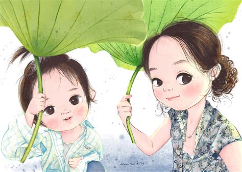 原创墨彩插画 和妈妈一起打荷叶伞 July米粒 站酷zcool