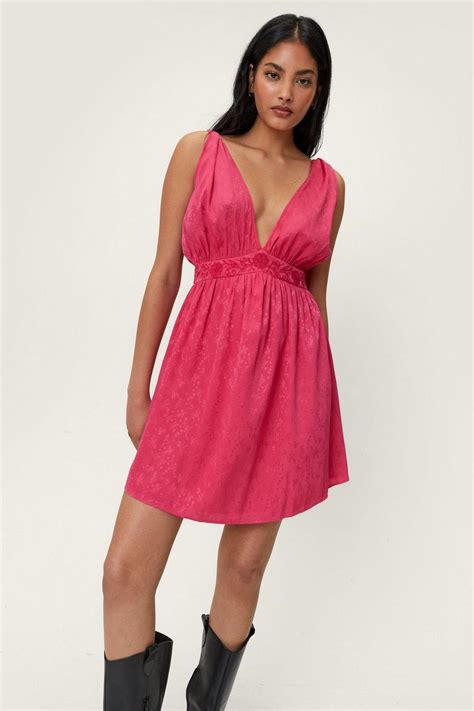 Plunge Jacquard Lace Detail Mini Dress Boohoo Uk