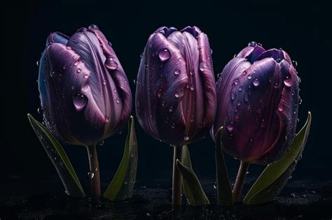 Premium AI Image Three Purple Tulips With Water Droplets On Them On A