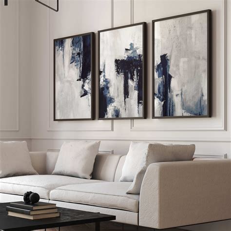 Blue Abstract Wall Art Prints Set Of 3 Prints Navy Blue Grey Living