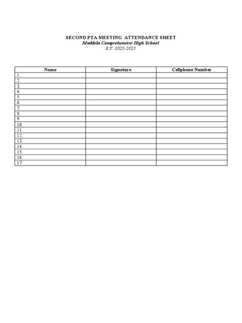 Second Pta Meeting Attendance Sheet Pdf