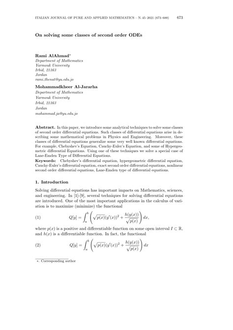 Pdf On Solving Some Classes Of Non Linear Second Order Odes
