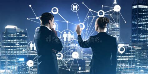Concept Of Social Connection And Networking Against Night City View And