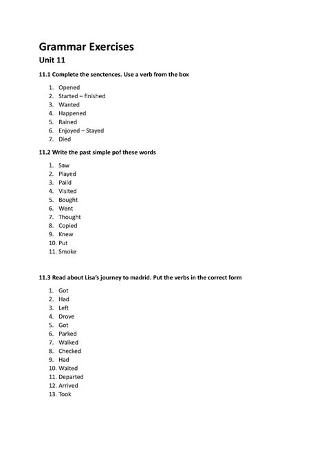 P1 Engels Grammar Unit 11 Grammar Exercises Unit 11 11 Complete